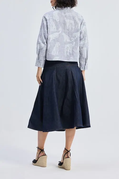 REISTOR Oversized Boxy-fit Linen Shirt With Handprinted Animal Theme