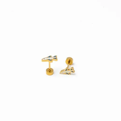 PIP POP Airplane Stud Earrings In Gold Finish - White