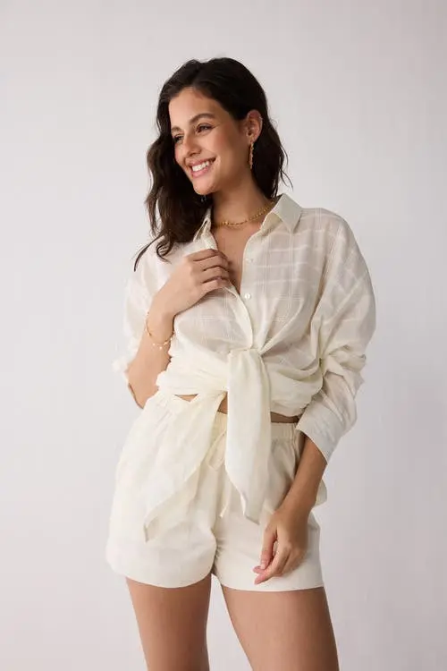 REISTOR Relaxed Shirt & Shorts Set In Off-textured Cotton - Textured Checks