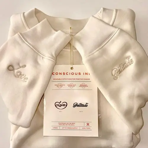 CONSCIOUS INK Embroidered Crewneck Sweatshirt With "love" And "gratitude" Cuffs - Ecru/cream