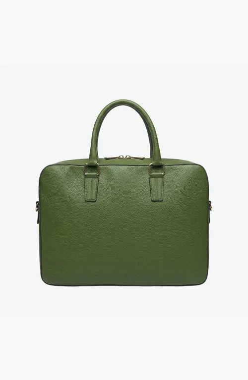 TUSK Chet Slim Briefcase In Italian Pebble Grain Leather - Forest
