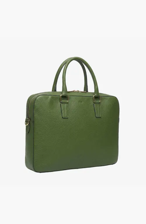 TUSK Chet Slim Briefcase In Italian Pebble Grain Leather - Forest