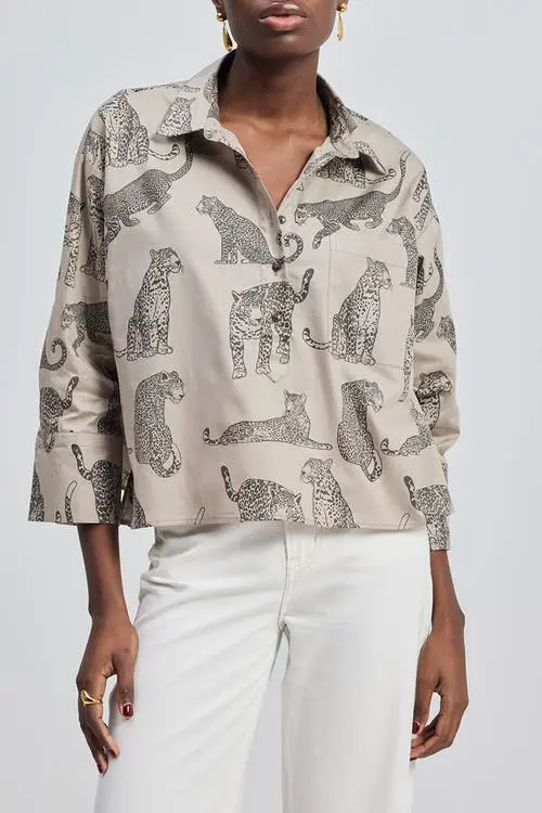 REISTOR Oversized Cropped Button-down Shirt With Animal Print