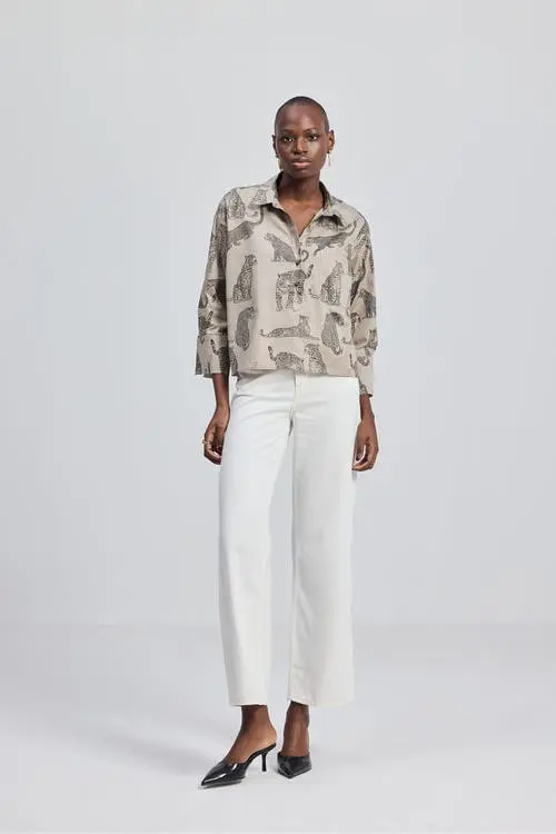 REISTOR Oversized Cropped Button-down Shirt With Animal Print