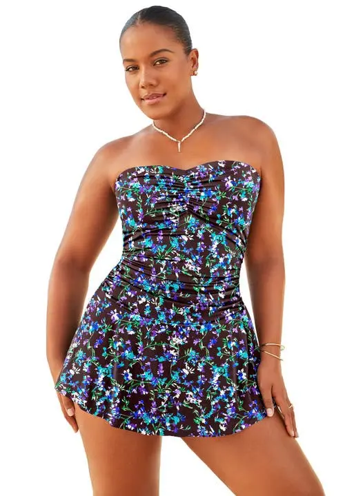 SWIMSUITS FOR ALL Sweetheart Ruffle Bandeau Swimdress - Espresso Floral