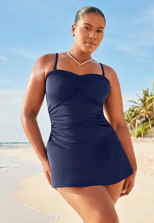 SWIMSUITS FOR ALL Sweetheart Ruffle Bandeau Swimdress With Tummy Control