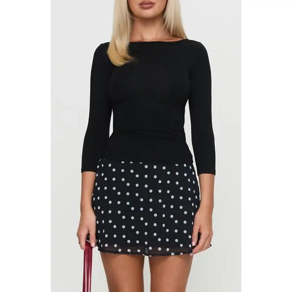 Princess Polly Alouette Stretch Top Bateau Neck, Three-quarter Sleeves - Black