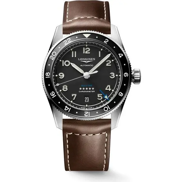 LONGINES Spirit Zulu Time Gmt Automatic Leather Strap Watch - Black