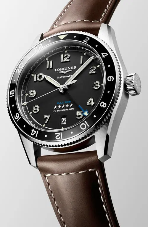 LONGINES Spirit Zulu Time Gmt Automatic Leather Strap Watch - Black