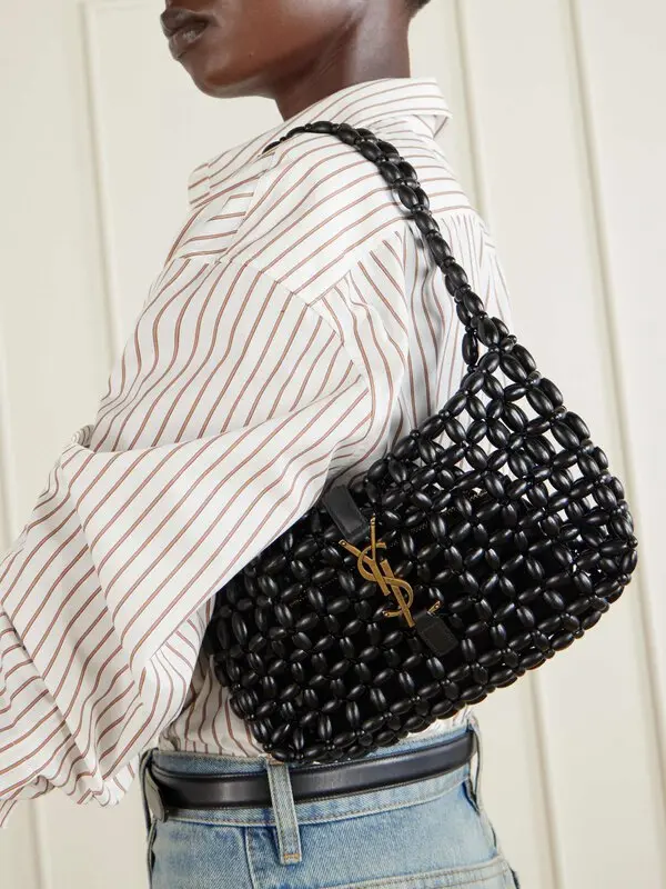 Saint Laurent Le 5 À 7 Mini Leather-trimmed Beaded Wood Shoulder Bag - Black