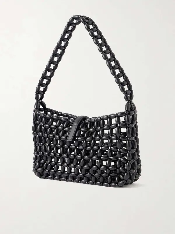Saint Laurent Le 5 À 7 Mini Leather-trimmed Beaded Wood Shoulder Bag - Black