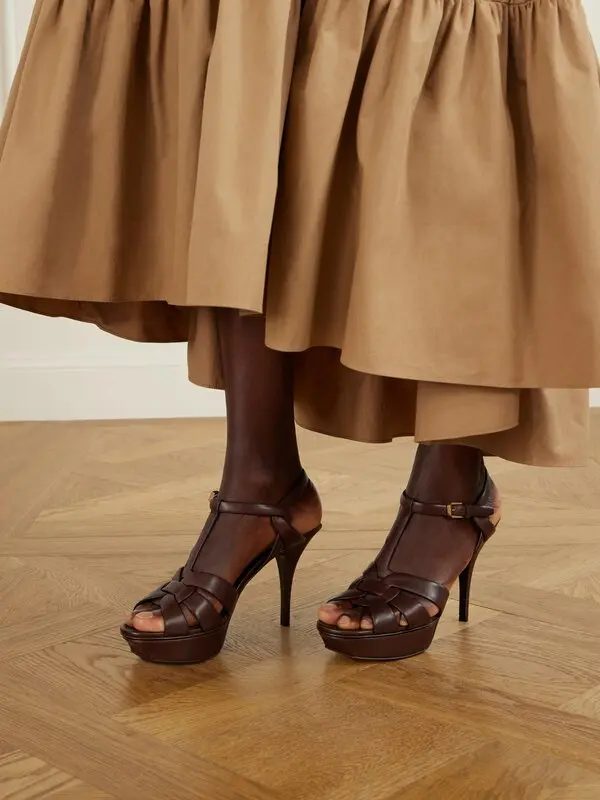Saint Laurent Tribute Leather Platform Stiletto Sandals - Brown