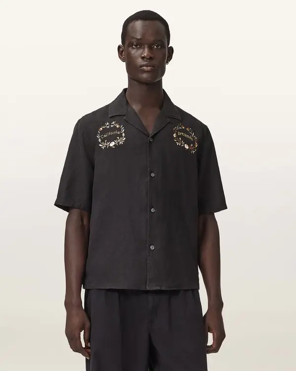 ALLSAINTS Klavicle Short Sleeve Linen Embroidered Shirt - Black