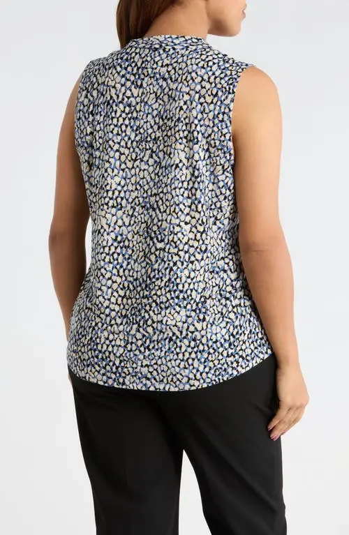 Anne Klein Sleeveless V-neck Top With Ruffle Trim - Blue Jay Multi