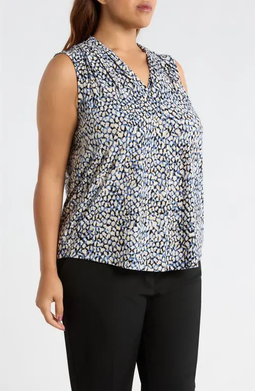 Anne Klein Sleeveless V-neck Top With Ruffle Trim - Blue Jay Multi