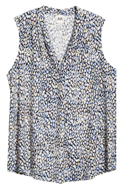Anne Klein Sleeveless V-neck Top With Ruffle Trim - Blue Jay Multi
