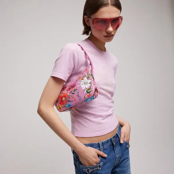 Gucci Lady Lunetta Small Shoulder Bag In Flora Coated Canvas - Pink