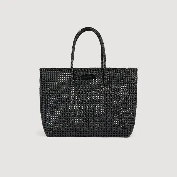 Sandro Woven Tote Bag With Logo Patch - Black