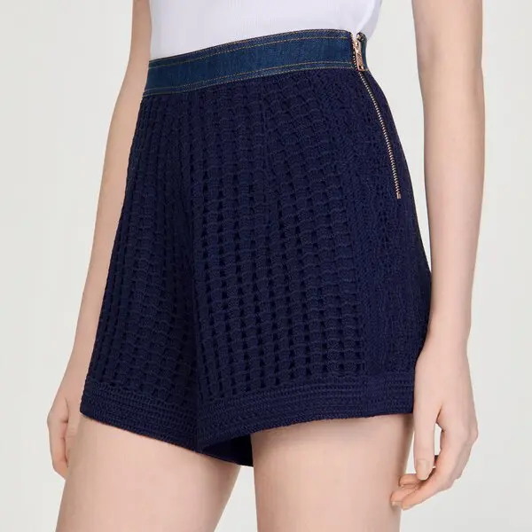 Sandro High-waisted Crochet Knit Shorts With Denim Trim - Navy Blue