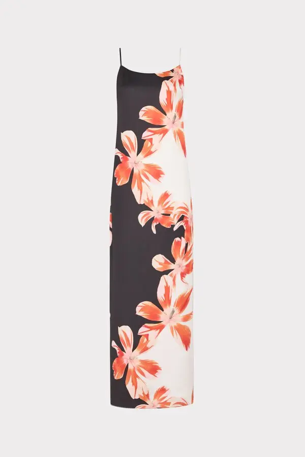 MILLY Lily Tropical Flame Maxi Slip Dress - Black