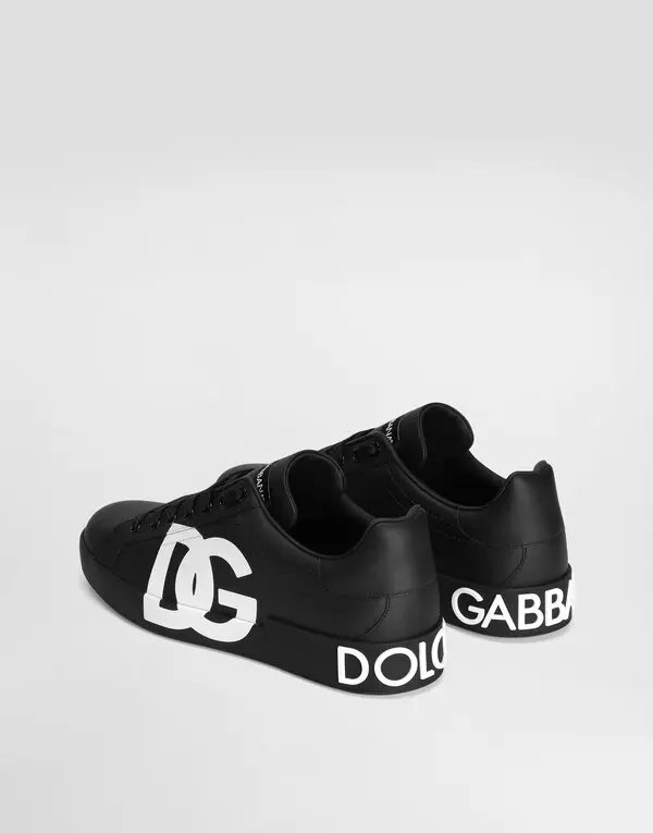 Dolce & Gabbana Calfskin Nappa Portofino Sneakers With Dg Logo Print - Black
