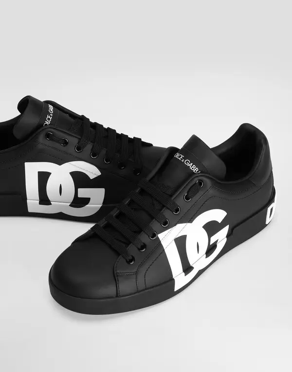Dolce & Gabbana Calfskin Nappa Portofino Sneakers With Dg Logo Print - Black