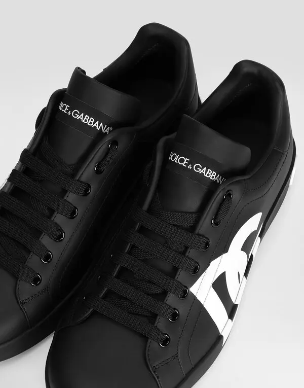 Dolce & Gabbana Calfskin Nappa Portofino Sneakers With Dg Logo Print - Black