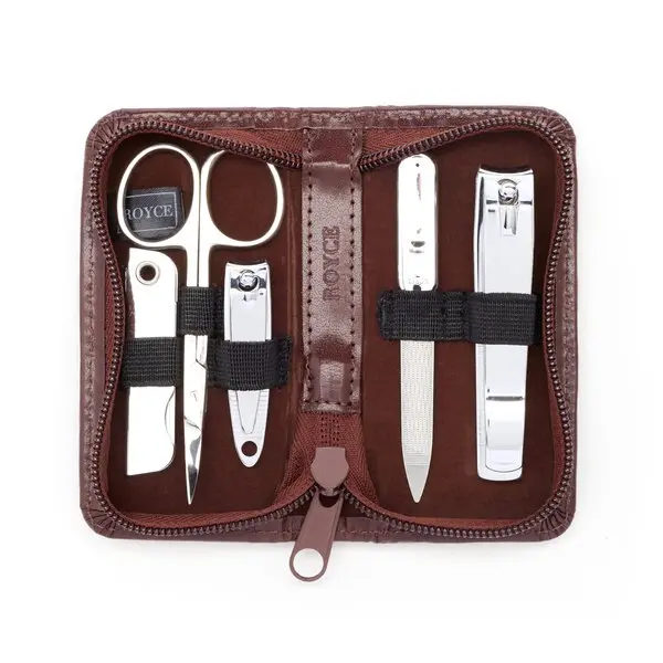 ROYCE NEW YORK Compact Manicure Grooming Kit In Genuine Leather Case - British Tan