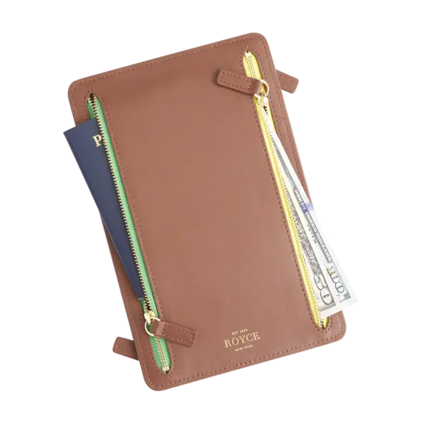 ROYCE NEW YORK Rfid Blocking Four Zip Travel Organizer - Tan