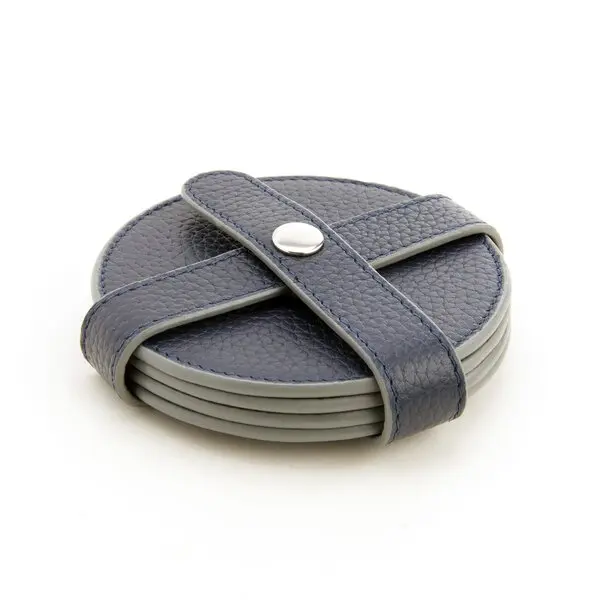 ROYCE NEW YORK Set Of 4 Pebble Grain Leather Round Coasters With Wrap Closure - Blue