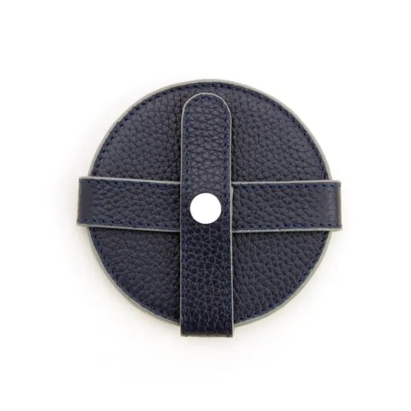 ROYCE NEW YORK Set Of 2 Pebble Grain Leather Round Coasters With Wrap Closure - Blue