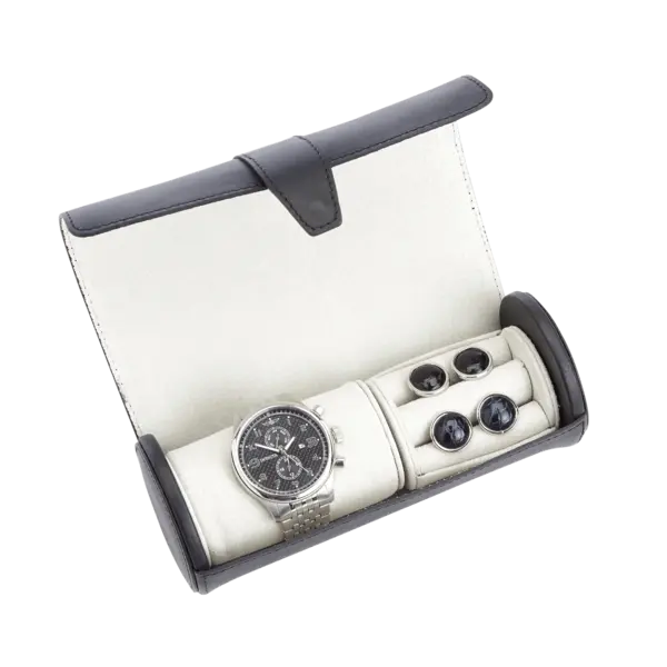 ROYCE NEW YORK Leather Cufflink And Watch Travel Roll - Black