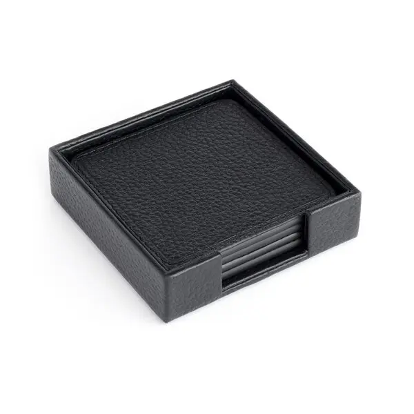 ROYCE NEW YORK Set Of Four Square Leather Coasters With Holder - Black