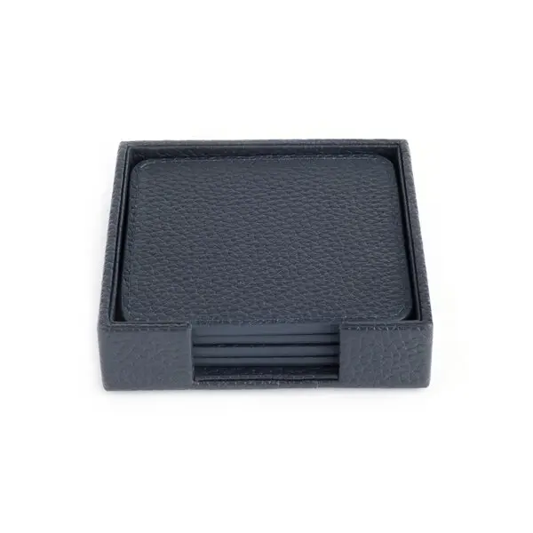 ROYCE NEW YORK Set Of Four Square Leather Coasters With Holder - Blue
