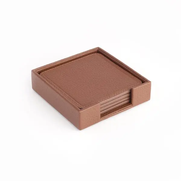ROYCE NEW YORK Set Of Four Square Leather Coasters With Holder - Tan