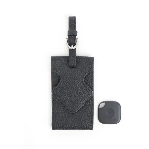 ROYCE NEW YORK Leather Luggage Tag With Tile Tracking Slot - Black