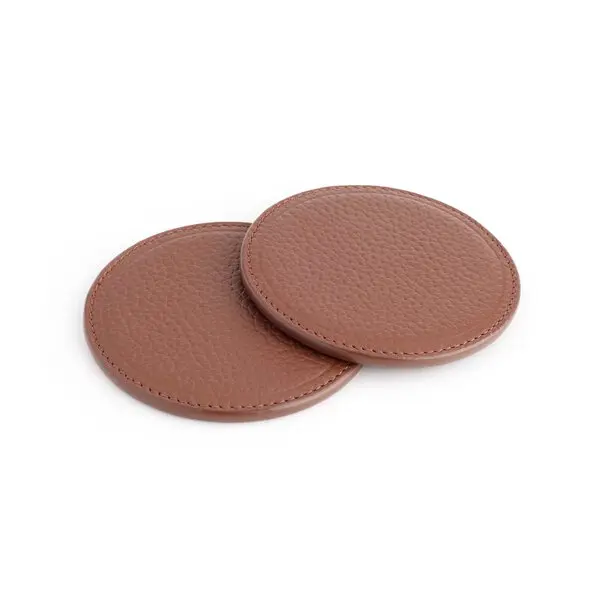 ROYCE NEW YORK Set Of 2 Handcrafted Round Leather Coasters - Tan