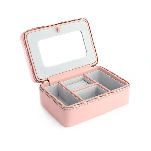 ROYCE NEW YORK Pebble Grain Leather Jewelry Box With Mirror - Carnation Pink