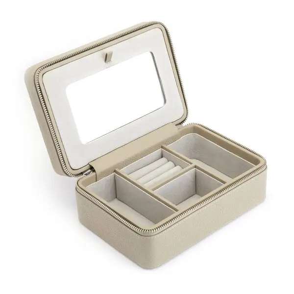 ROYCE NEW YORK Pebble Grain Leather Jewelry Box With Mirror - Taupe