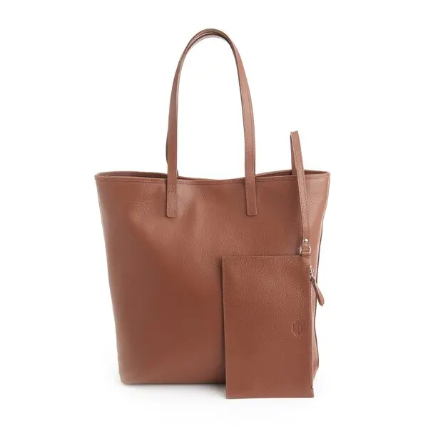 ROYCE NEW YORK Tall Leather Tote Bag With Detachable Wristlet - Tan