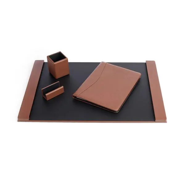 ROYCE NEW YORK Desk Set: Pencil Cup, Card Holder, A4 Portfolio And Blotter - Tan