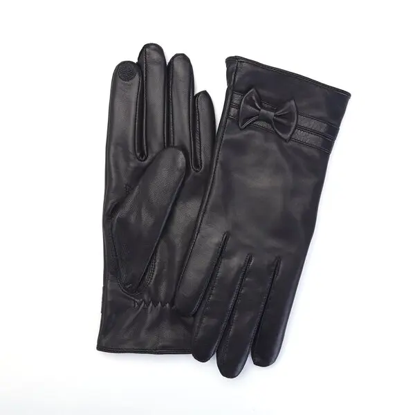 ROYCE NEW YORK Touchscreen Compatible Leather Gloves With Cashmere Lining And Bow Detail - Large