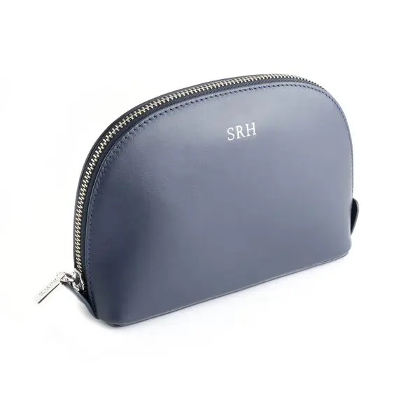 ROYCE NEW YORK Compact Leather Cosmetic Makeup Bag With Zippered Closure - Blue