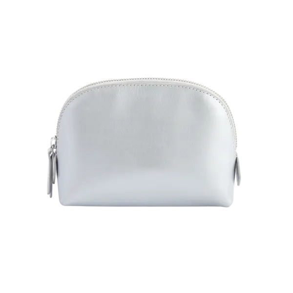 ROYCE NEW YORK Compact Leather Cosmetic Makeup Bag With Zippered Closure - Silver