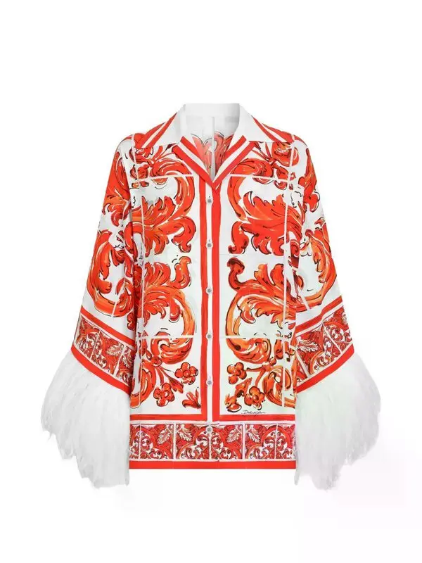 Dolce & Gabbana Majolica Print Charmeuse Shirt With Feather Detail