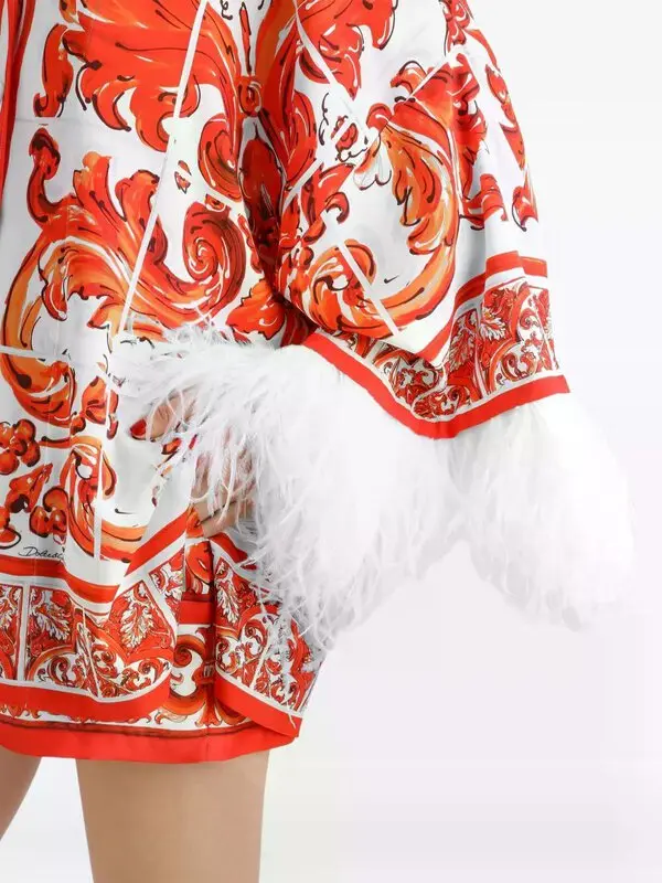 Dolce & Gabbana Majolica Print Charmeuse Shirt With Feather Detail