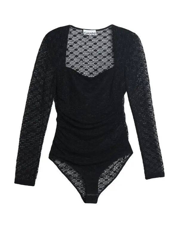 GANNI Lace Bodysuit With Square Neckline And Long Sleeves