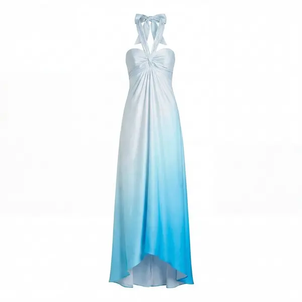 Mac Duggal Charmeuse Ombre Gown With Halter Neck And Tie Detail - Blue