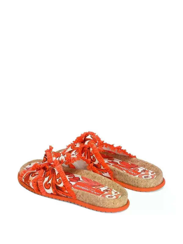 Dolce & Gabbana Majolica-print Brocade Flat Slippers With Raffia Fringe