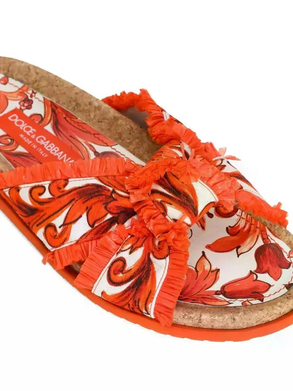 Dolce & Gabbana Majolica-print Brocade Flat Slippers With Raffia Fringe